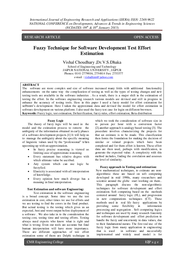 Pdf Fuzzy Technique For Software Development Test Effort Estimation