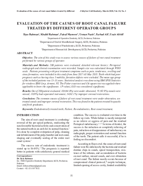 (PDF) Evaluation of the Causes of Root Canal Failure Treated by Different Operator Groups