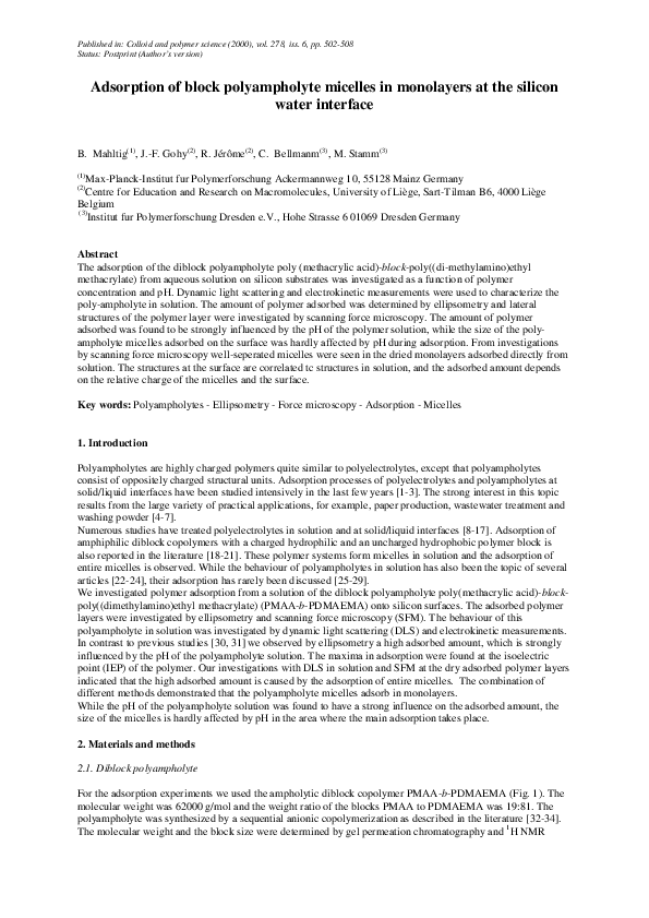 (PDF) Adsorption of block polyampholyte micelles in monolayers at the ...