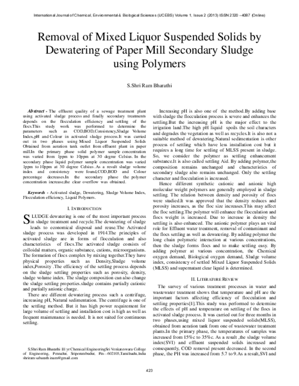 (PDF) Removal of Mixed Liquor Suspended Solids by Dewatering of Paper Mill Secondary Sludge ...