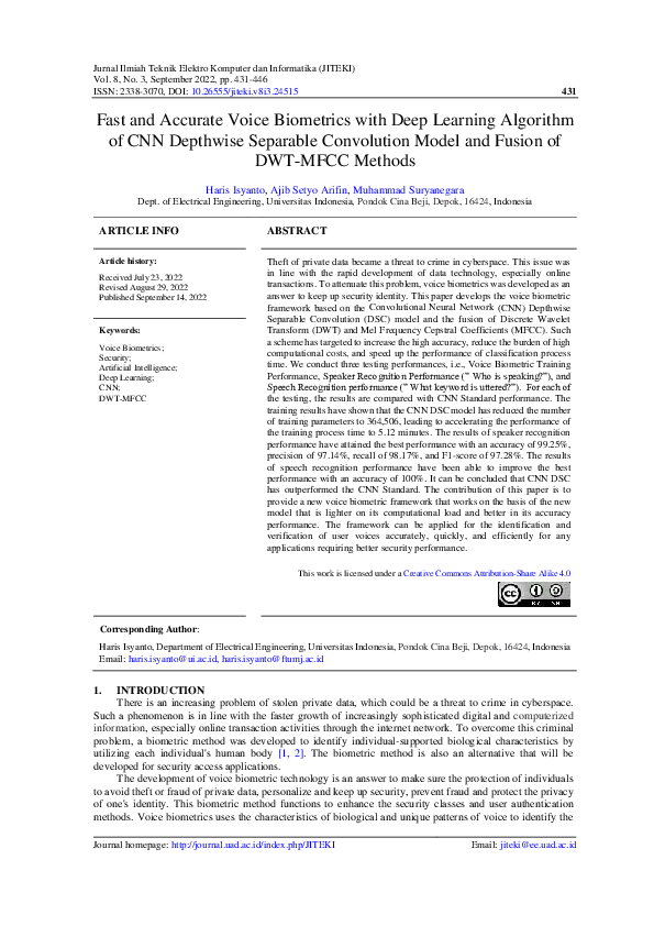 Pdf Fast And Accurate Voice Biometrics With Deep Learning Algorithm Of Cnn Depthwise Separable