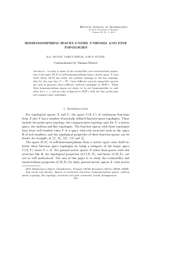(PDF) Homeomorphism Spaces Under Uniform and Fine Topologies