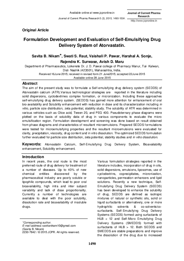 (PDF) Formulation Development and Evaluation of Self-Emulsifying Drug ...