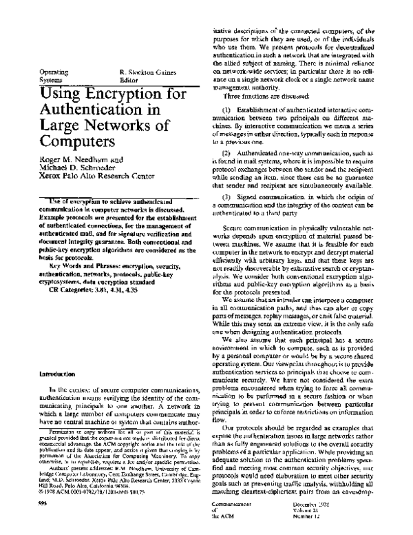 (PDF) Using encryption for authentication in large networks of computers
