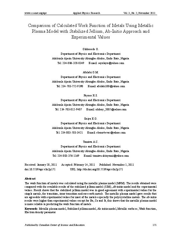 Pdf Comparison Of Calculated Work Function Of Metals Using Metallic