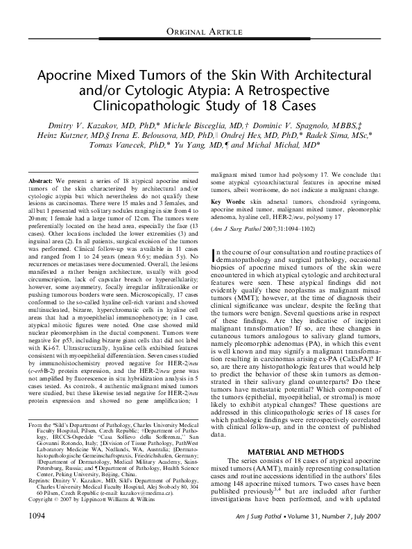 (PDF) Apocrine Mixed Tumors of the Skin With Architectural and/or ...
