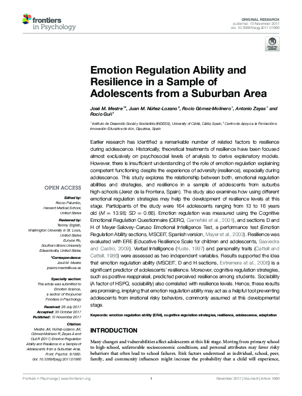 (PDF) Emotion Regulation Ability and Resilience in a Sample of Adolescents from a Suburban Area