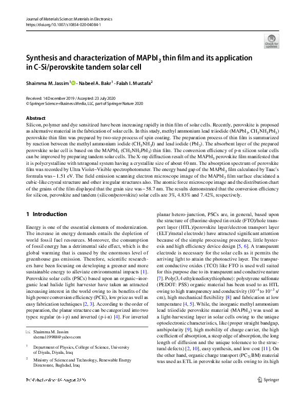 (PDF) Synthesis and characterization of MAPbI3 thin film and its ...