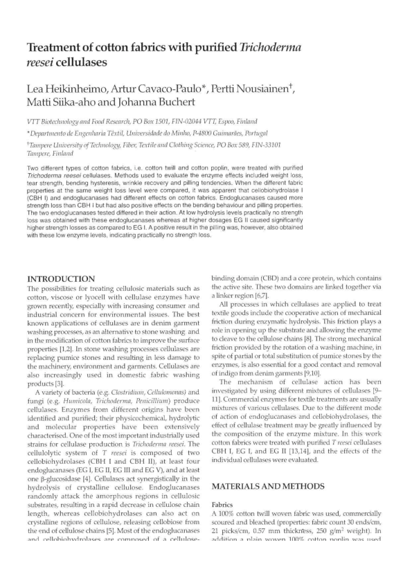 (PDF) Treatment of cotton fabrics with purified Trichoderma reesei cellulases