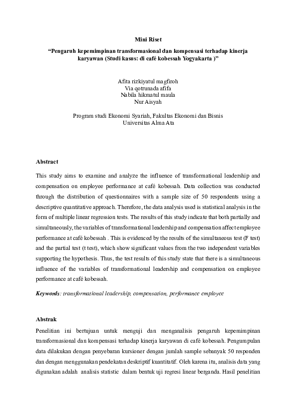 (PDF) Mini Riset "Pengaruh kepemimpinan transformasional dan kompensasi terhadap kinerja ...