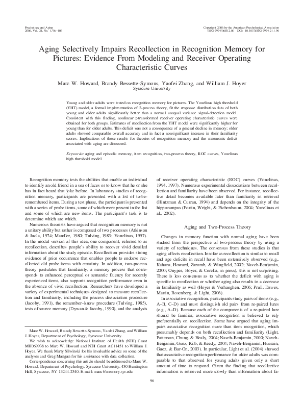 (PDF) Aging selectively impairs recollection in recognition memory for pictures: Evidence from ...