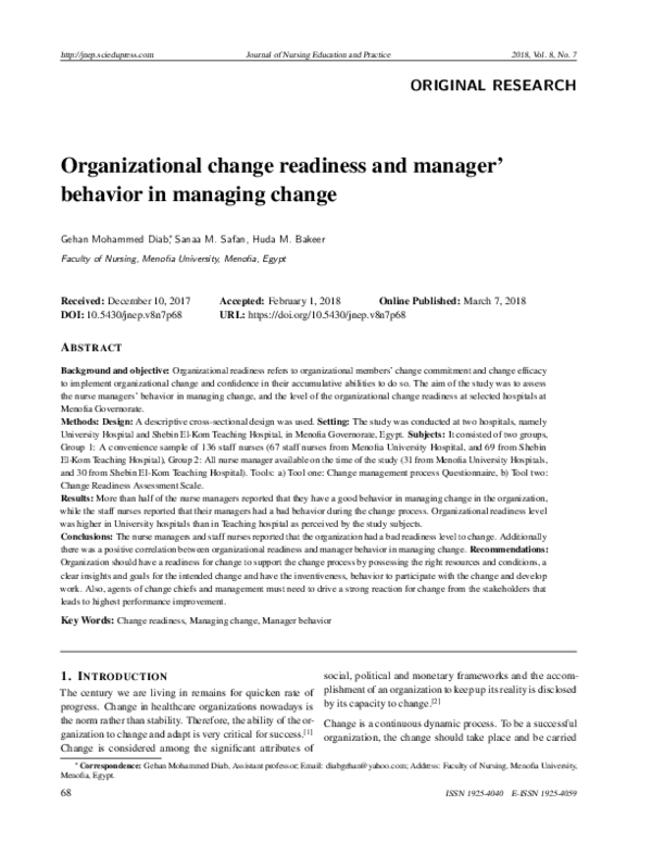 (PDF) Organizational change readiness and manager' behavior in managing change