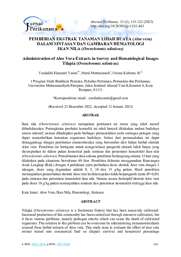 (PDF) PEMBERIAN EKSTRAK TANAMAN LIDAH BUAYA (Aloe vera) DALAM SINTASAN ...