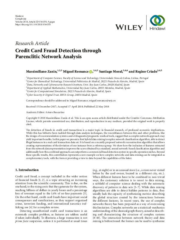 (PDF) Credit Card Fraud Detection through Parenclitic Network Analysis
