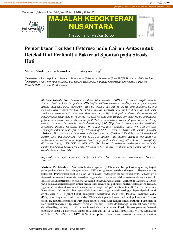 (PDF) Pemeriksaan Leukosit Esterase pada Cairan Asites untuk Deteksi ...