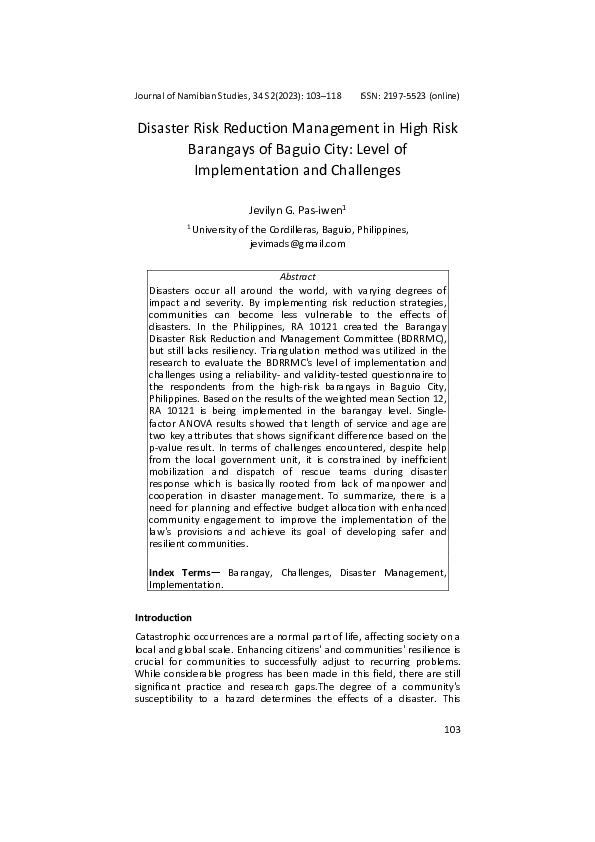 (PDF) Disaster Risk Reduction Management in High Risk Barangays of ...