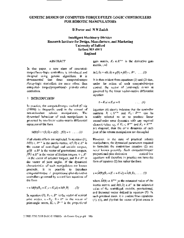 (PDF) Genetic design of computed torque/fuzzy-logic controllers for robotic manipulators