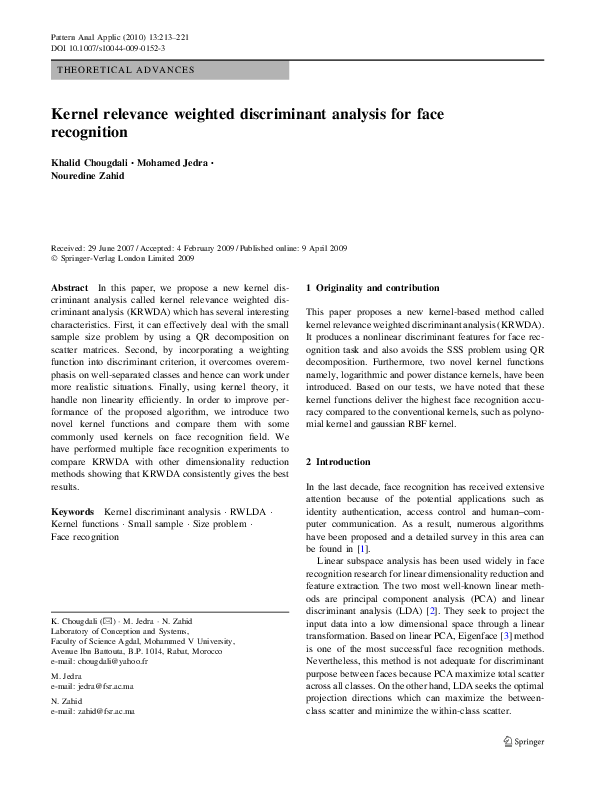 Pdf Kernel Relevance Weighted Discriminant Analysis For Face Recognition