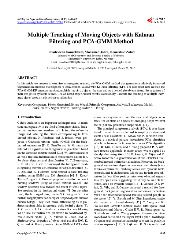 Pdf Multiple Tracking Of Moving Objects With Kalman Filtering And Pca Gmm Method