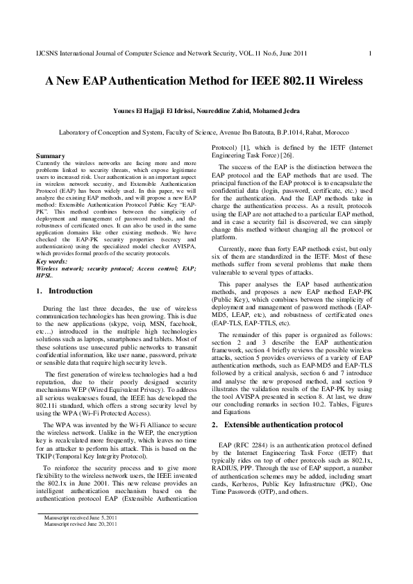 Pdf A New Eap Authentication Method For Ieee 802 11 Wireless