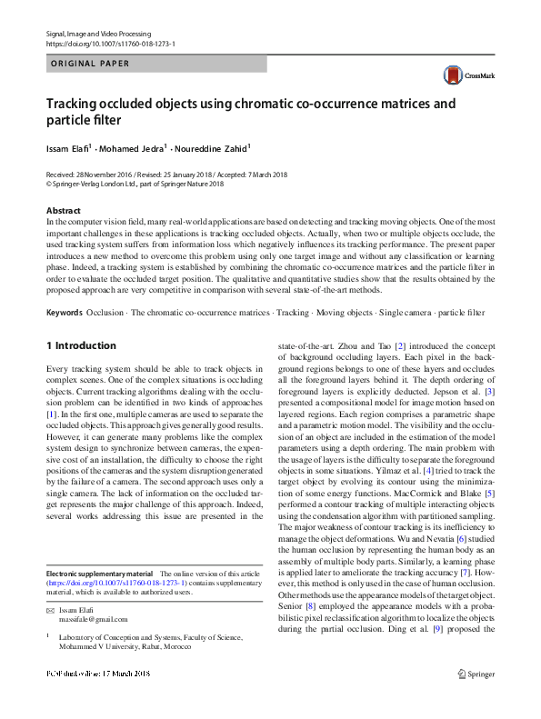 (PDF) Tracking occluded objects using chromatic co-occurrence matrices and particle filter ...