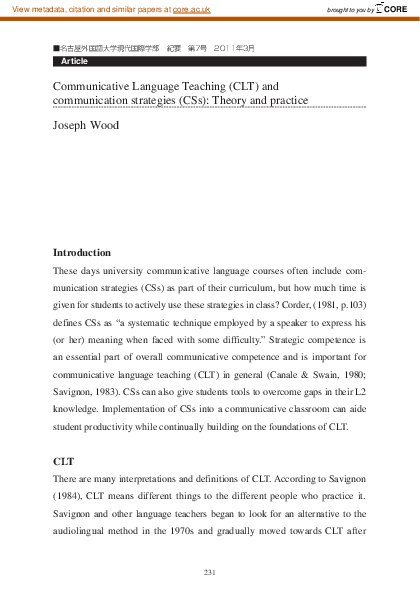 (PDF) Communicative Language Teaching (CLT) and communication strategies (CSs) : Theory and practice