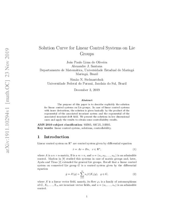 (PDF) Solution curve for linear control systems on Lie groups