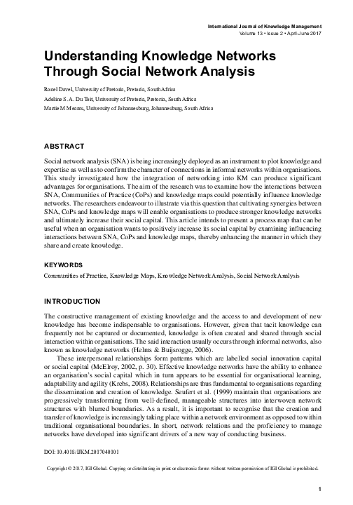 (PDF) Understanding Knowledge Networks Through Social Network Analysis (PDF) Understanding Knowledge Networks Through Social Network Analysis