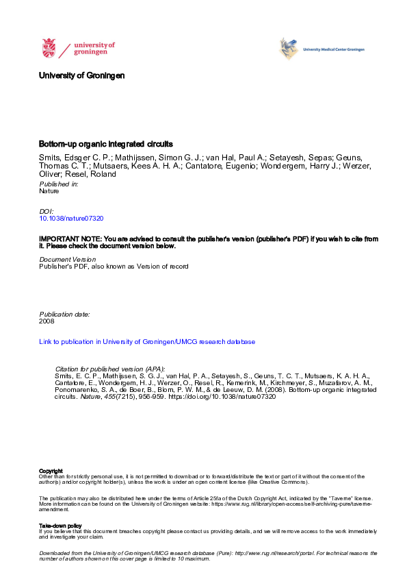 (PDF) Bottom-up organic integrated circuits | Harry Wondergem ...