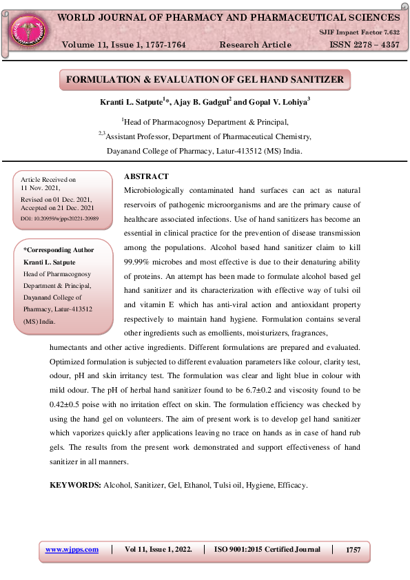 (PDF) FORMULATION & EVALUATION OF GEL HAND SANITIZER