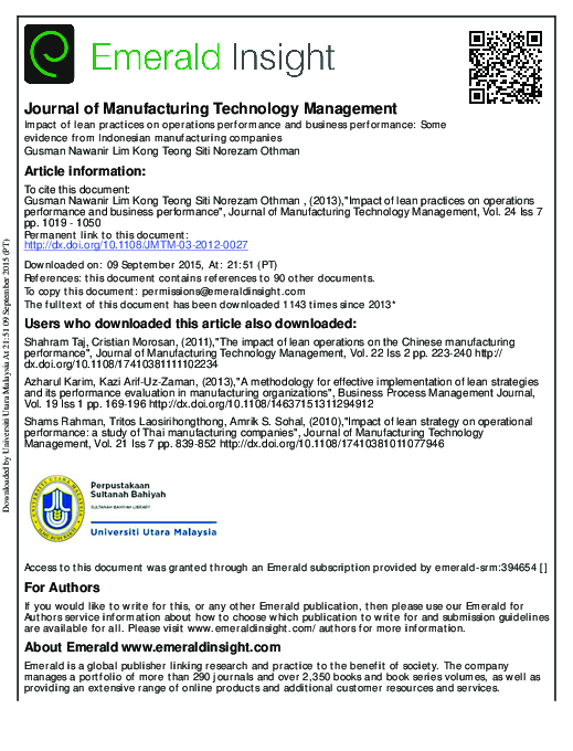 (PDF) Impact of lean practices on operations performance and business performance