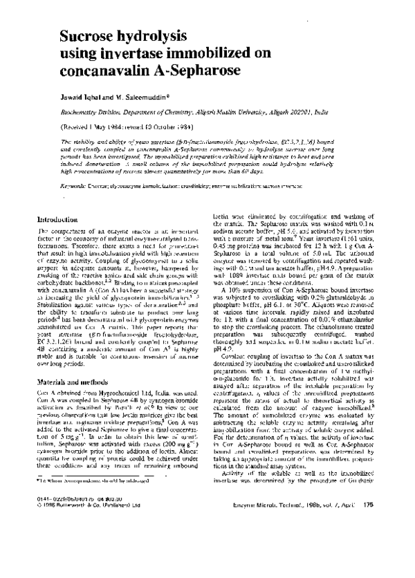 (PDF) Sucrose hydrolysis using invertase immobilized on concanavalin A ...