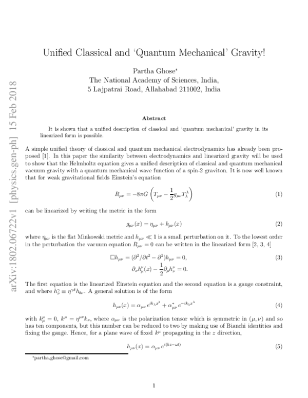 (PDF) Unified Classical and `Quantum Mechanical' Gravity!