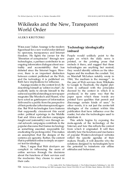 (PDF) Wikileaks and the New, Transparent World Order | Aleks Krotoski - Academia.edu