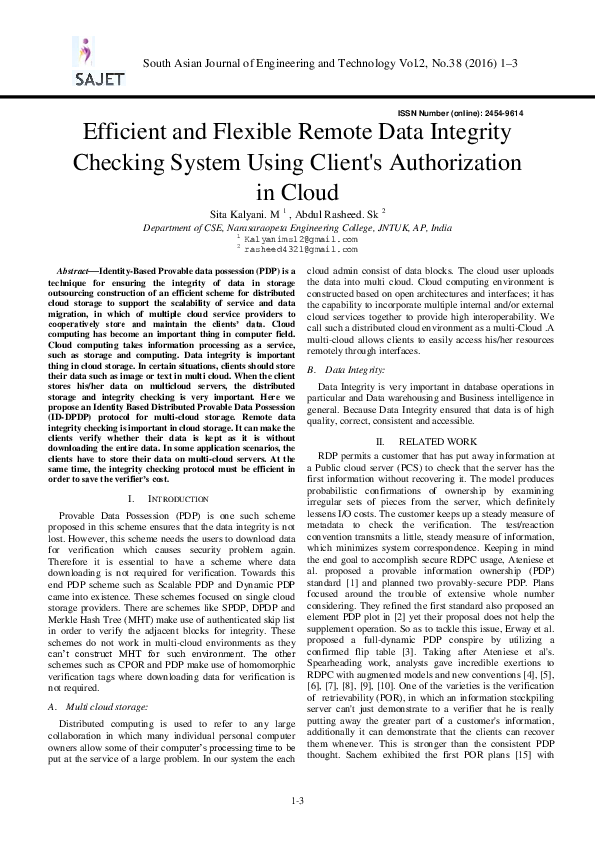 Efficient and Flexible Remote Data Integrity Checking System Using Client's Authorization in Cloud