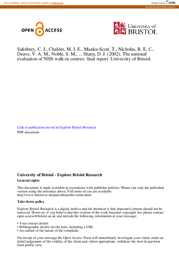 (PDF) The national evaluation of NHS walk-in centres-final report