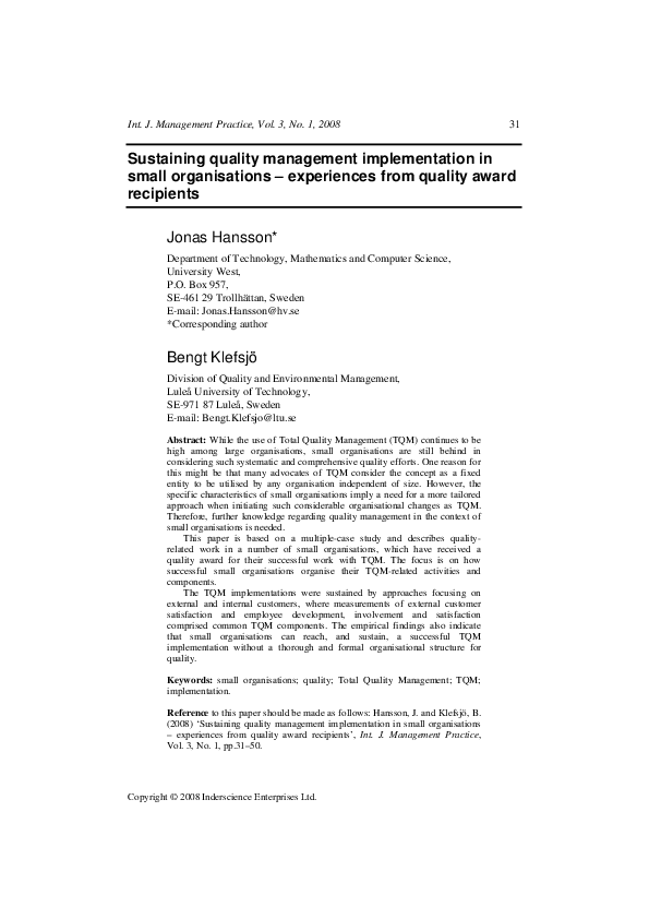 (PDF) Sustaining quality management implementation in small ...