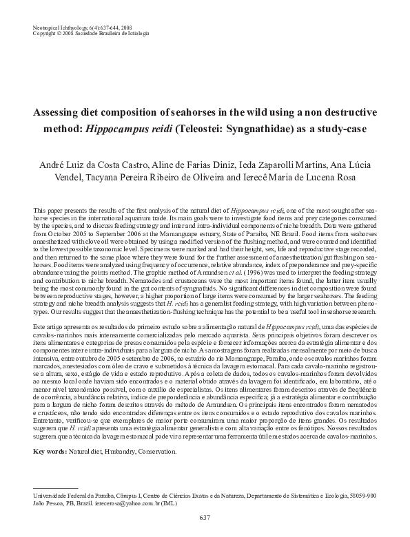 (PDF) Assessing diet composition of seahorses in the wild using a non ...