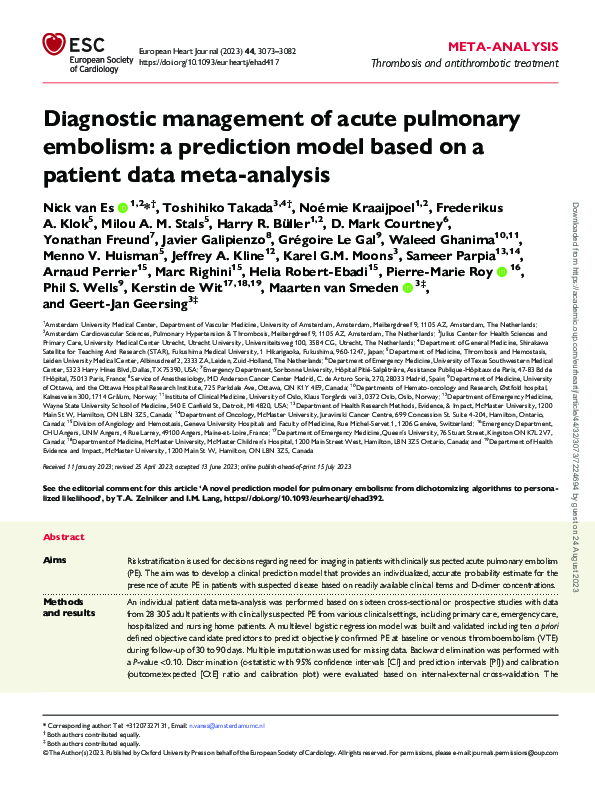 (PDF) Diagnostic management of acute pulmonary embolism: a prediction ...