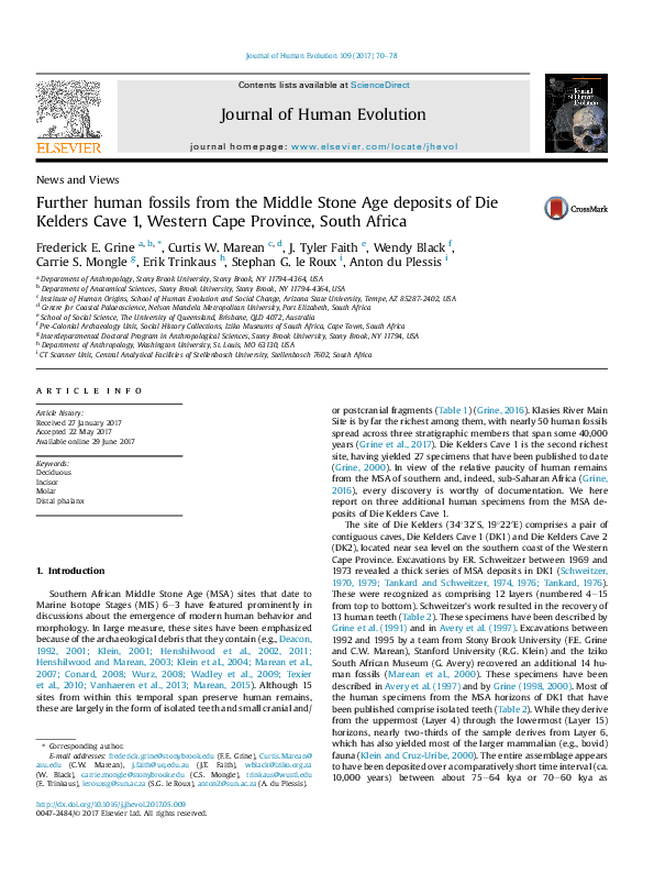(PDF) Further human fossils from the Middle Stone Age deposits of Die ...