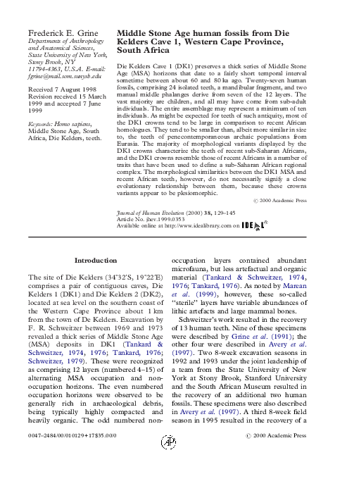 (PDF) Middle Stone Age human fossils from Die Kelders Cave 1, Western ...
