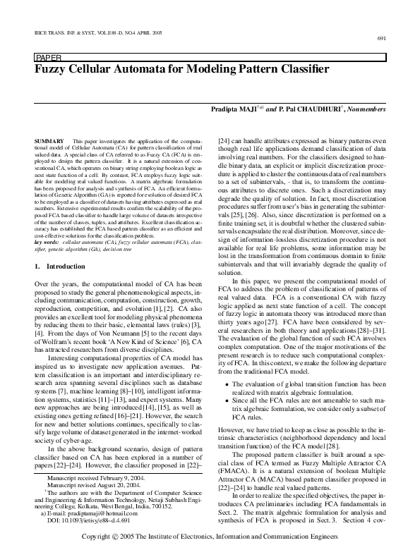 Pdf Fuzzy Cellular Automata For Modeling Pattern Classifier Pradipta Maji