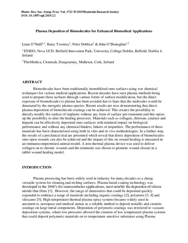 (PDF) Plasma Deposition of Biomolecules for Enhanced Biomedical ...