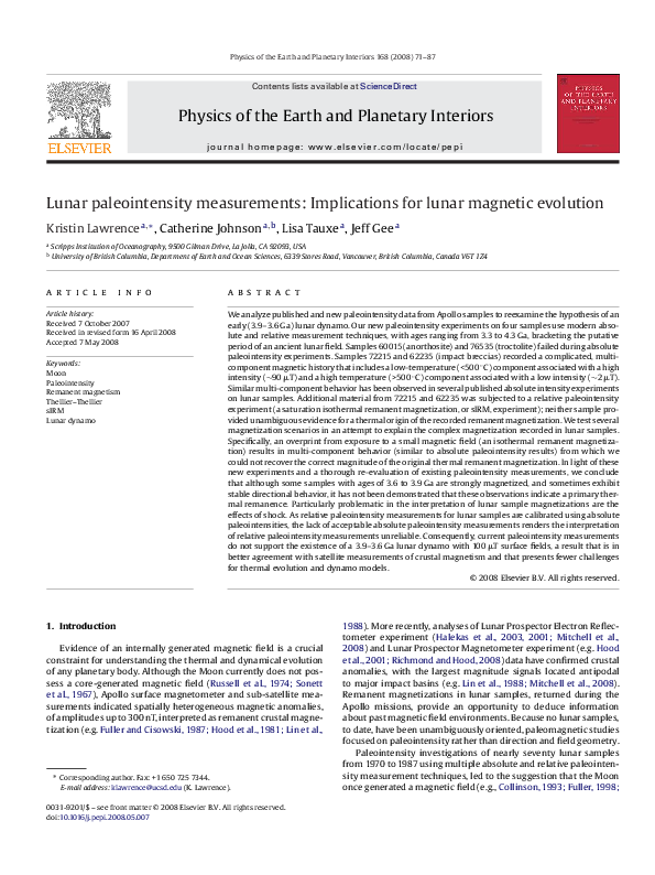 (PDF) Lunar paleointensity measurements: Implications for lunar ...