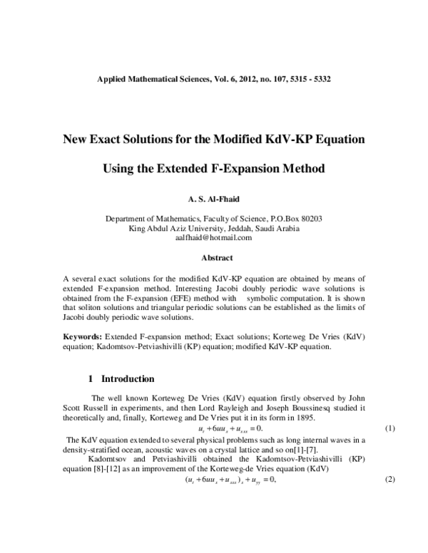 (PDF) New exact solutions for the modified KdV-KP equation using the extended F-Expansion method