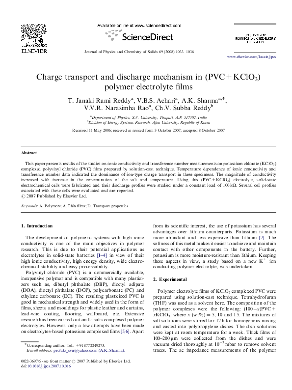 (PDF) Charge transport and discharge mechanism in (PVC+KClO3) polymer ...
