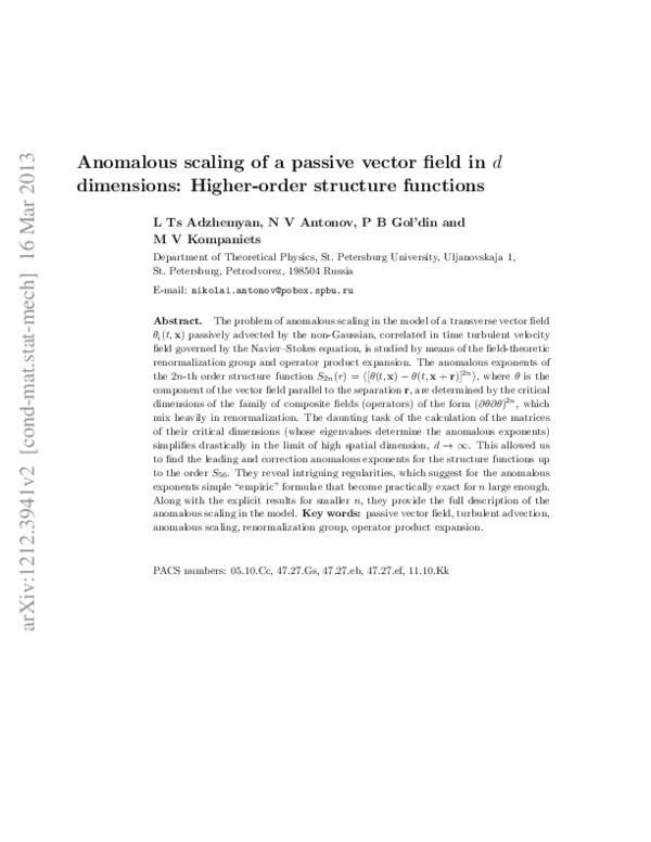 Pdf Anomalous Scaling Of A Passive Vector Field Inddimensions Higher Order Structure Functions