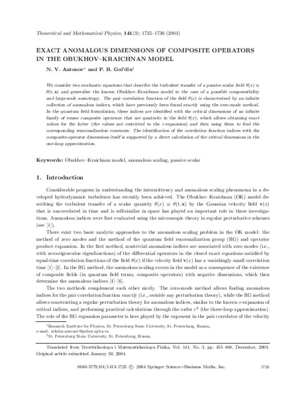 (PDF) Exact Anomalous Dimensions of Composite Operators in the Obukhov–Kraichnan Model