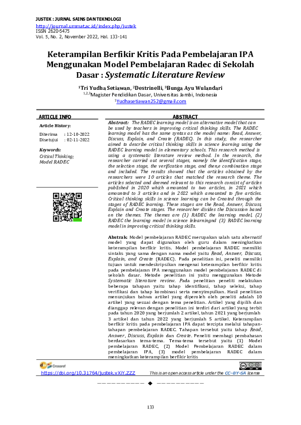 (PDF) Keterampilan Berfikir Kritis Pada Pembelajaran IPA Menggunakan Model Pembelajaran Radec di ...