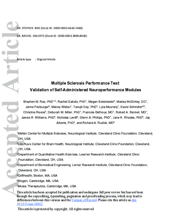 (PDF) Multiple Sclerosis Performance Test: validation of self ...